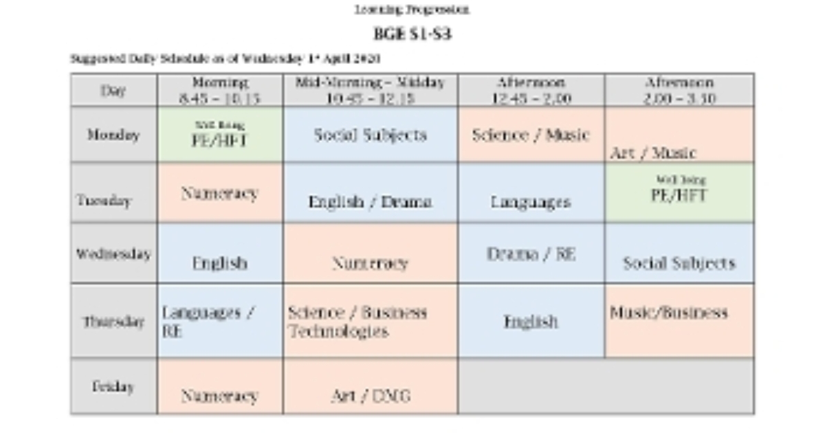 Revised home learning timetable for BGE pupils - St Margaret's Academy